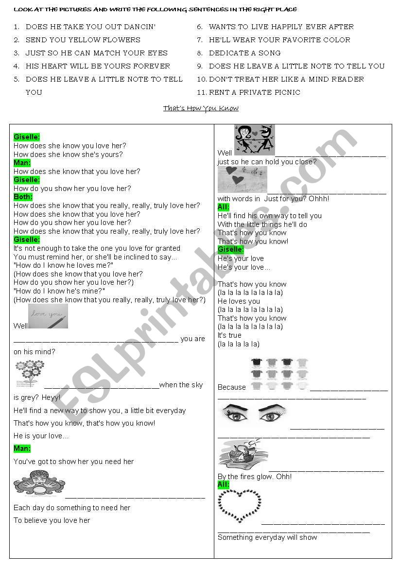 Enchanted song "That´s how you know" - ESL worksheet by lorenaratti