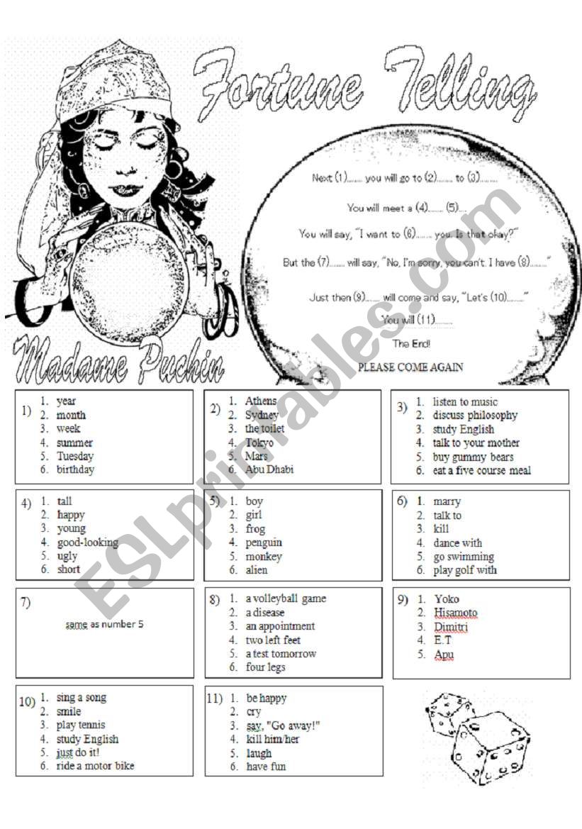 Fortune Teller Game future Predictions Will ESL Worksheet By babz