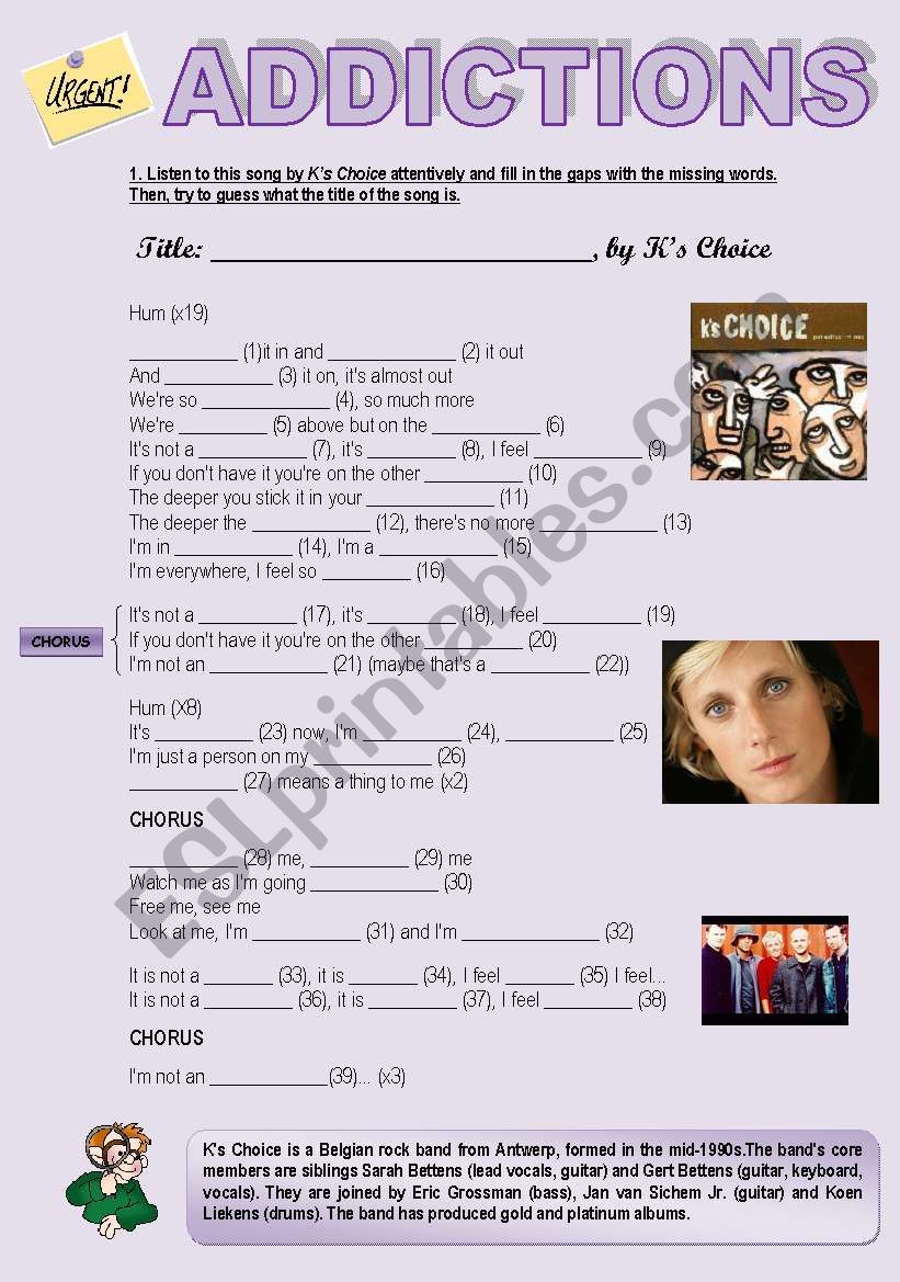 ADDICTIONS - SONG ´I´M NOT AN ADDICT´, BY K´S CHOICE - ESL worksheet by ...