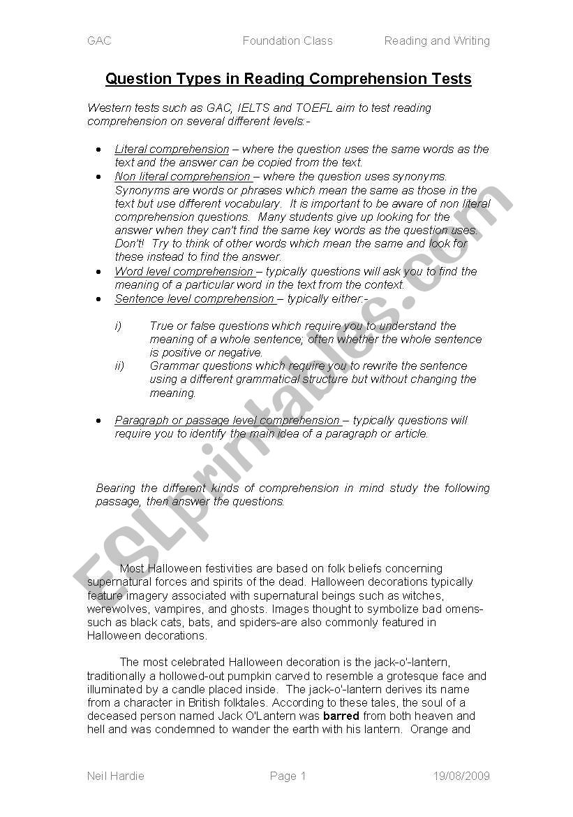English Worksheets Question Types In Reading Comprehension Tests