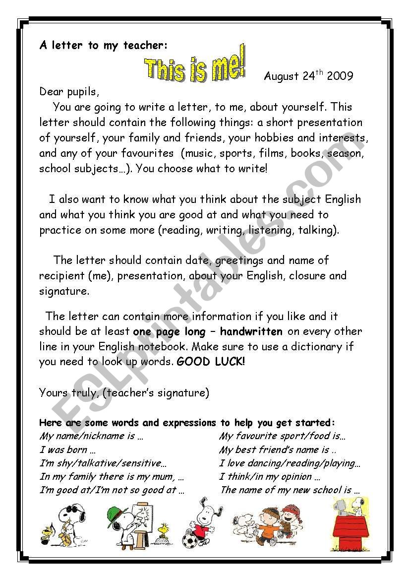 A letter to my teacher - ESL worksheet by Guni