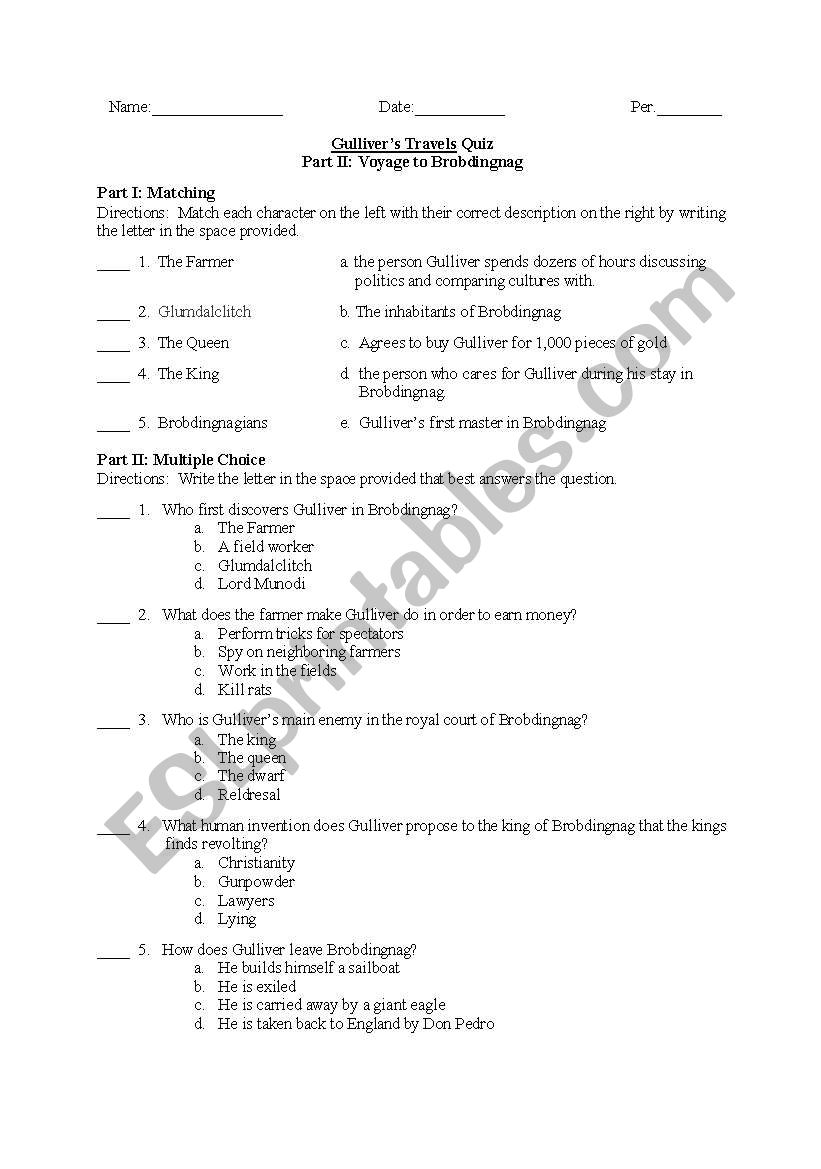 English worksheets: Gulliver´s Travels Voyage 2 Quiz