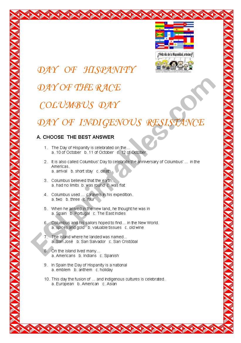 The Day of Hispanity/ The Day of the Race/ Columbus´ Day - ESL ...