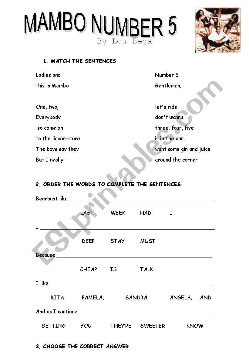 SONG: Mambo Nº5 - By Lou Bega - ESL worksheet by miss_yanis