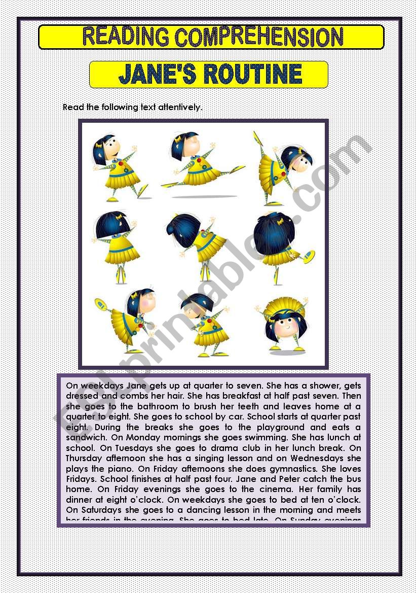 READING COMPREHENSION - "JANE´S ROUTINE" - ESL worksheet by macomabi