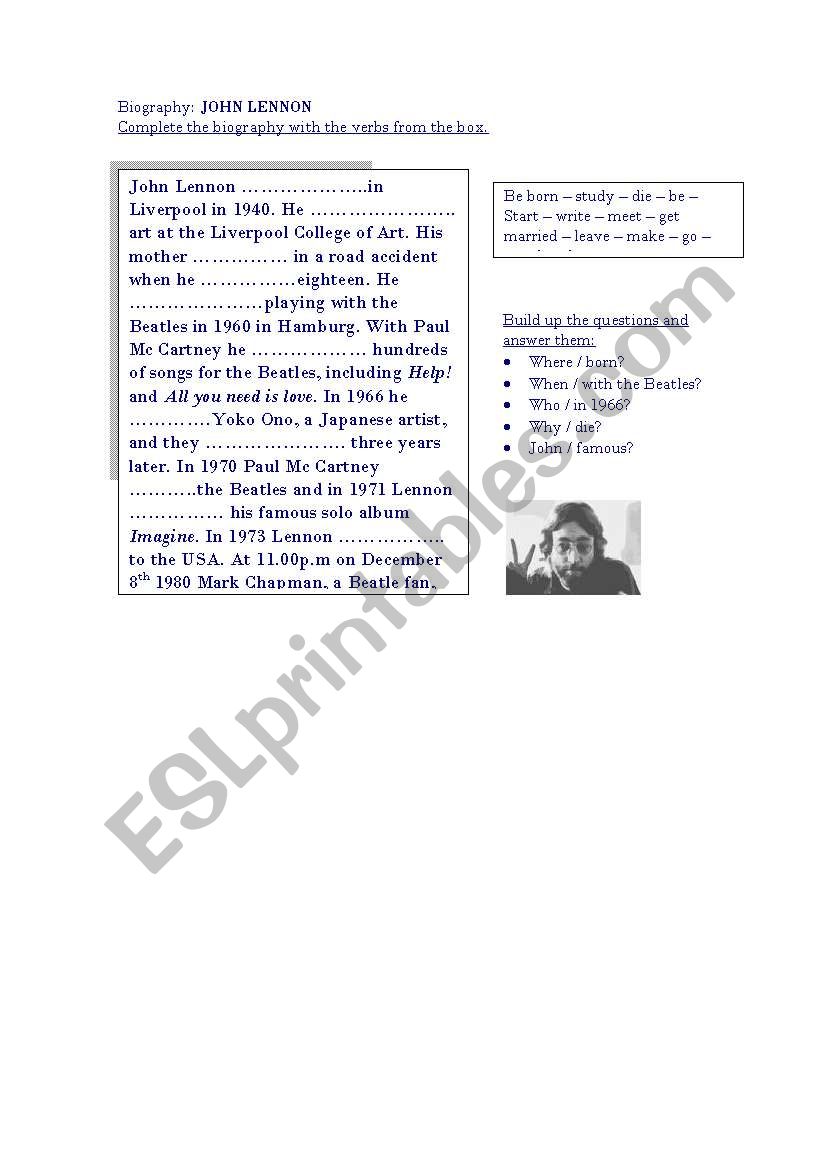 English worksheets: John Lennon´s biography