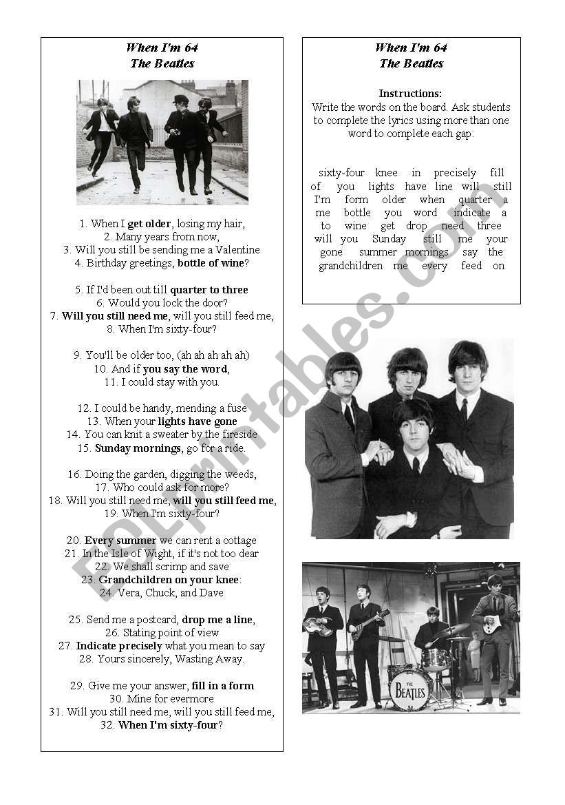 Music Activity The Beatles When I´m 64 - ESL worksheet by SophiaDiesel