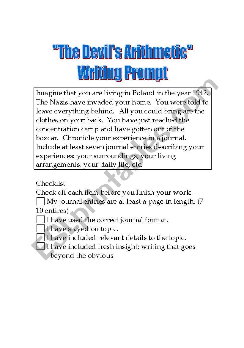 English worksheets: The Devil´s Arithmetic -- Writing Prompt