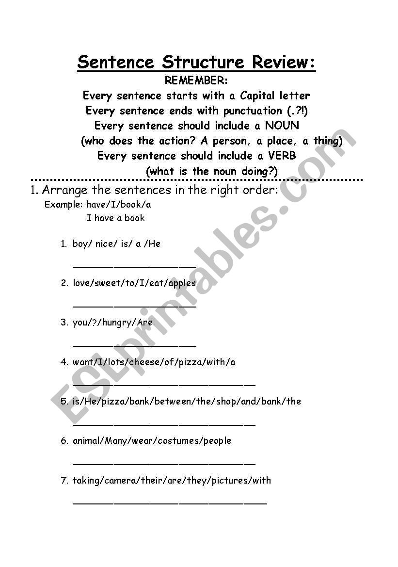 English Worksheets Sentence Structure Review Sheet Answers