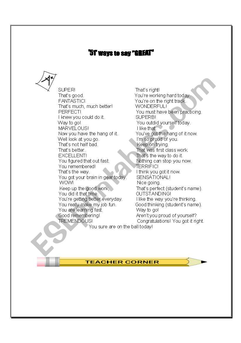 ´51" ways to say ´Great´. - ESL worksheet by gomer