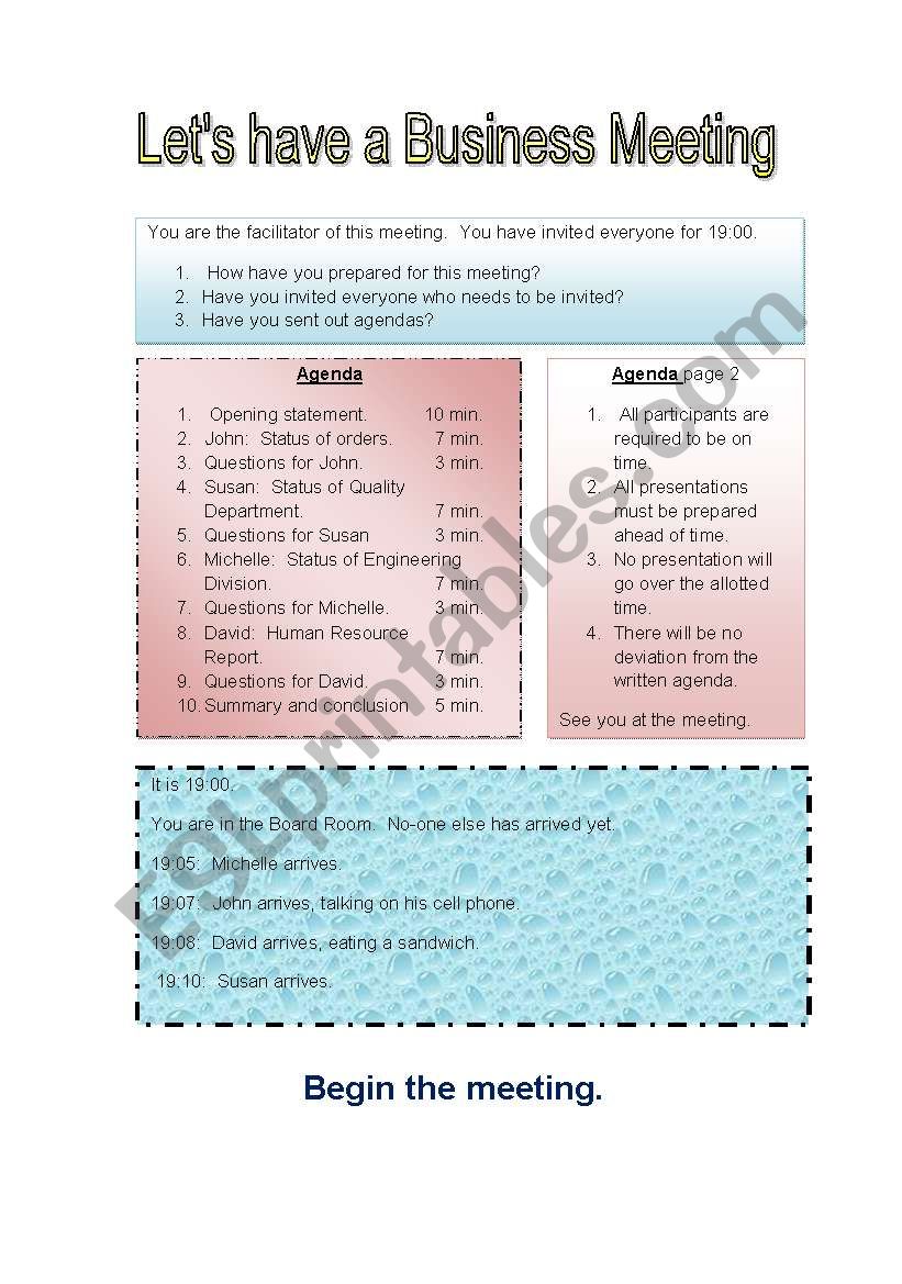 Let´s have a meeting. - ESL worksheet by JudyHalevi