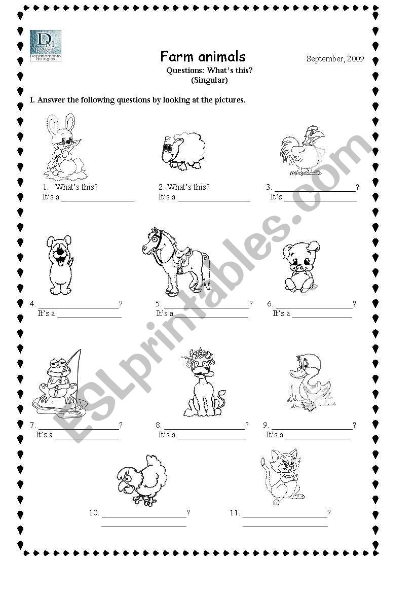 Farm animals/Singular question: What´s this? - ESL worksheet by Leticia77