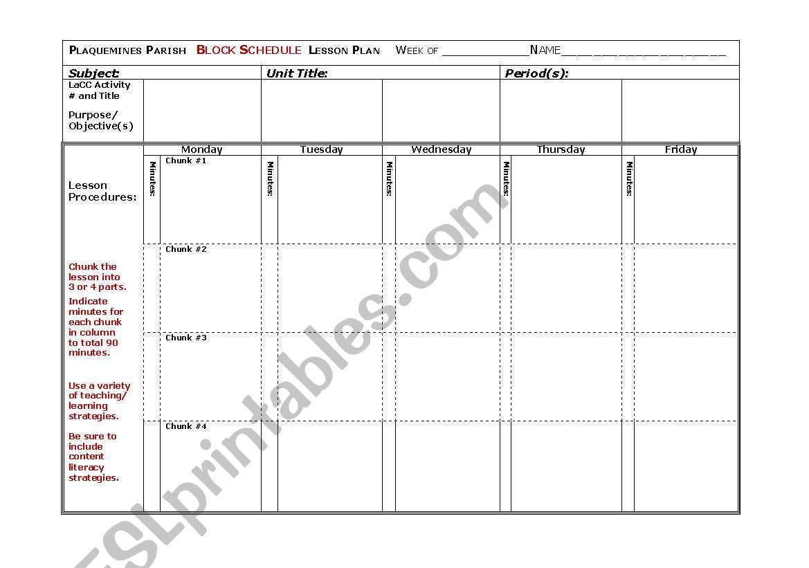 Weekly Lesson plan Template , Fill in the boxes -- That´s easy! - ESL ...