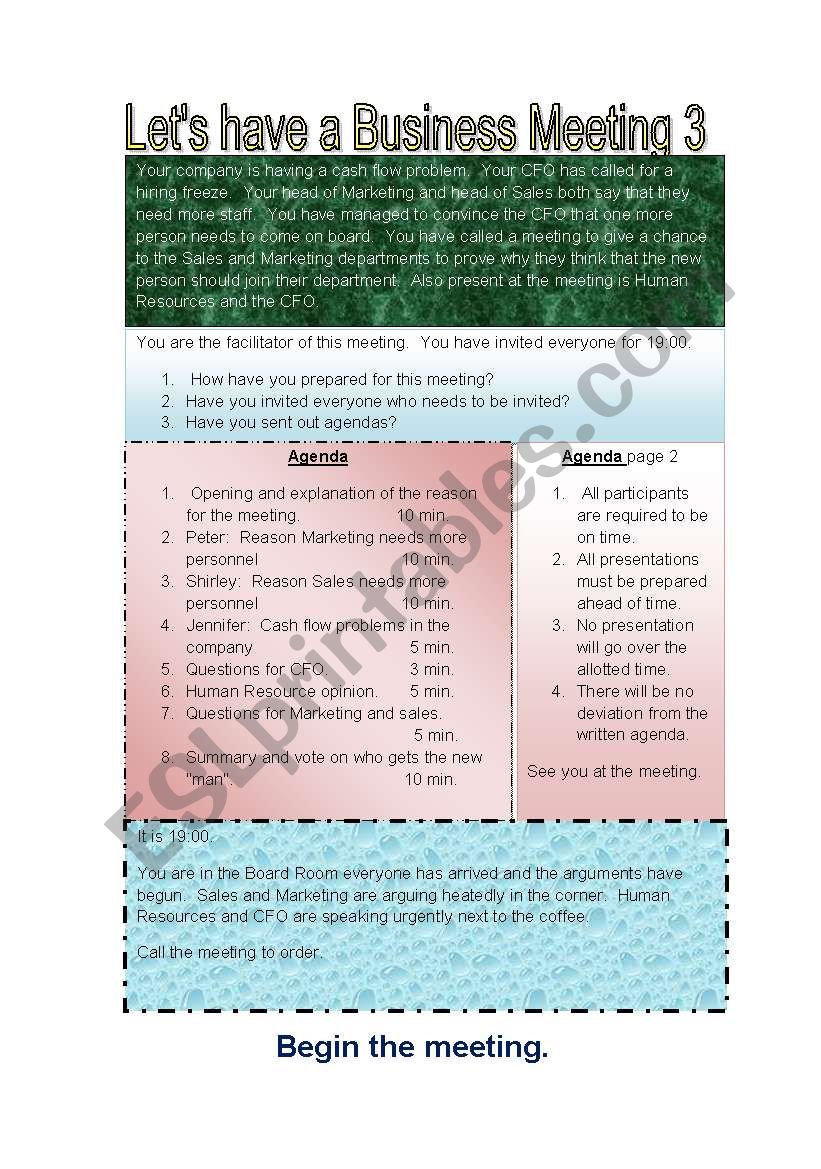 Let´s have a Business Meeting 3 - ESL worksheet by JudyHalevi