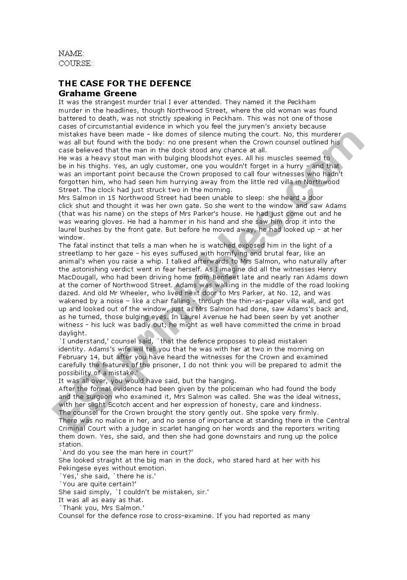 Short story an follow up activity - ESL worksheet by laturcaeugenia