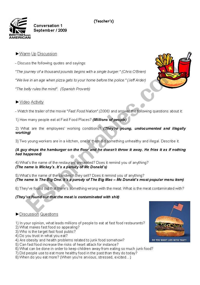 Conversation class based on the trailer of the polemic movie "Fast Food ...