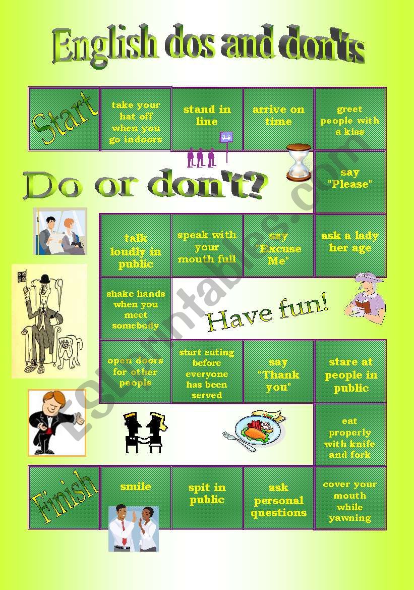 English dos & don´ts board game - ESL worksheet by kordullaaa English dos & don´ts board game - ESL worksheet by kordullaaa