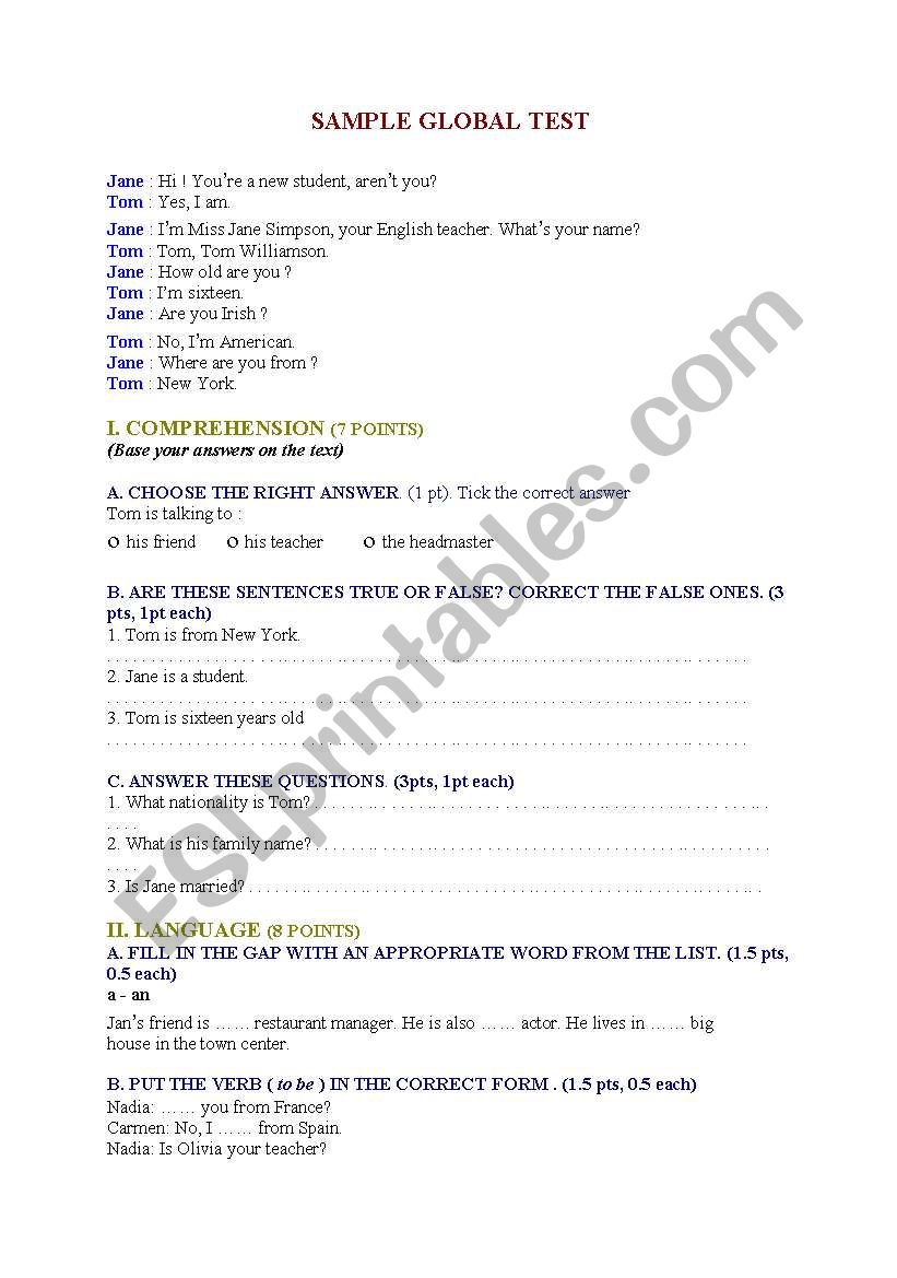 English worksheets: SAMPLE GLOBAL TEST N°1