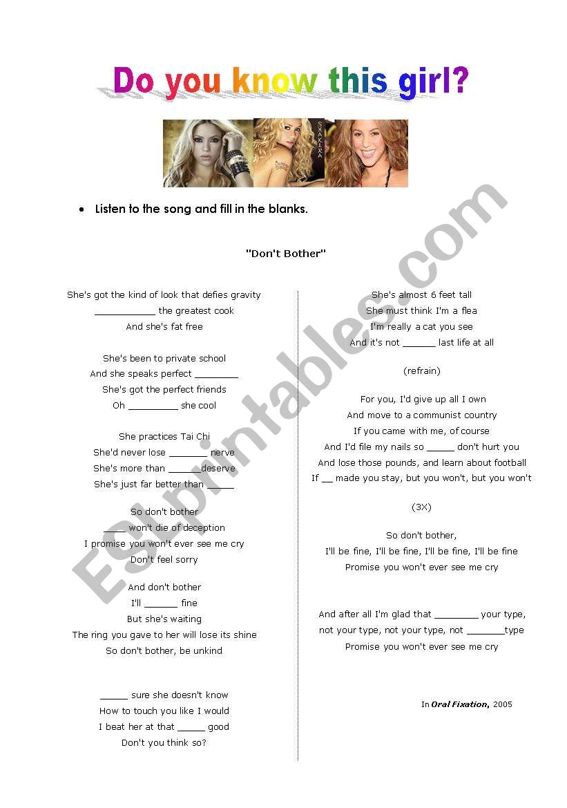 English worksheets: Shakira: "Don´t Bother"