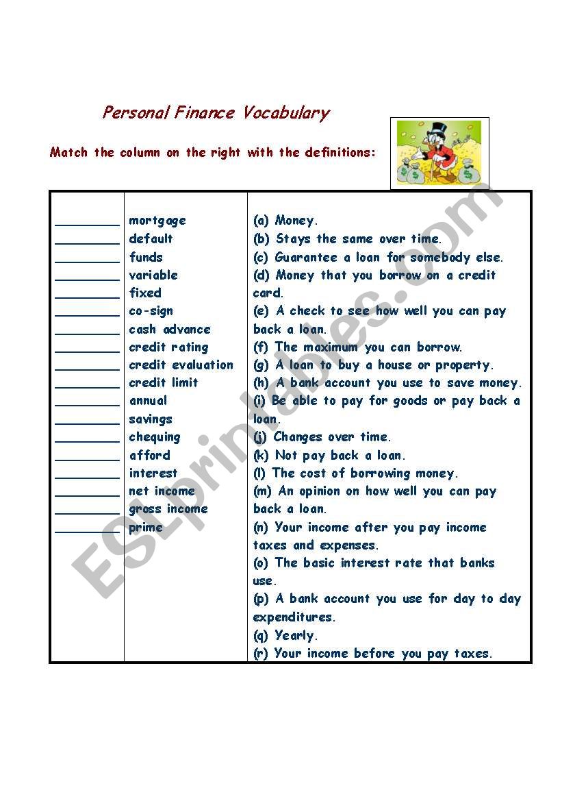 Personal Finance ESL Worksheet By Athenamelissa