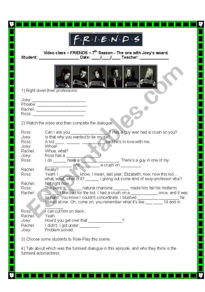 Friends - 7th Season - The one with Joey´s award. - ESL worksheet by ...