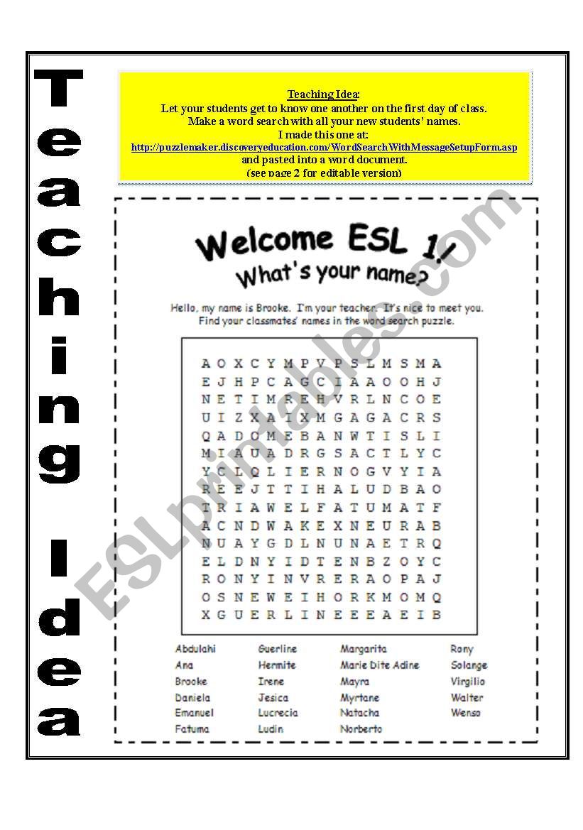 TEACHING IDEA for the First Day: Make a wordsearch with your Ss´ names ...