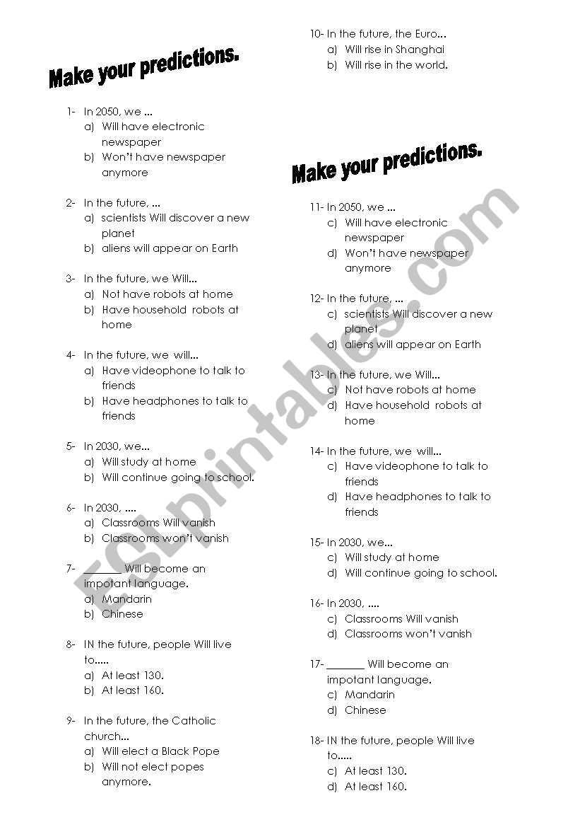 English worksheets: prediction quiz