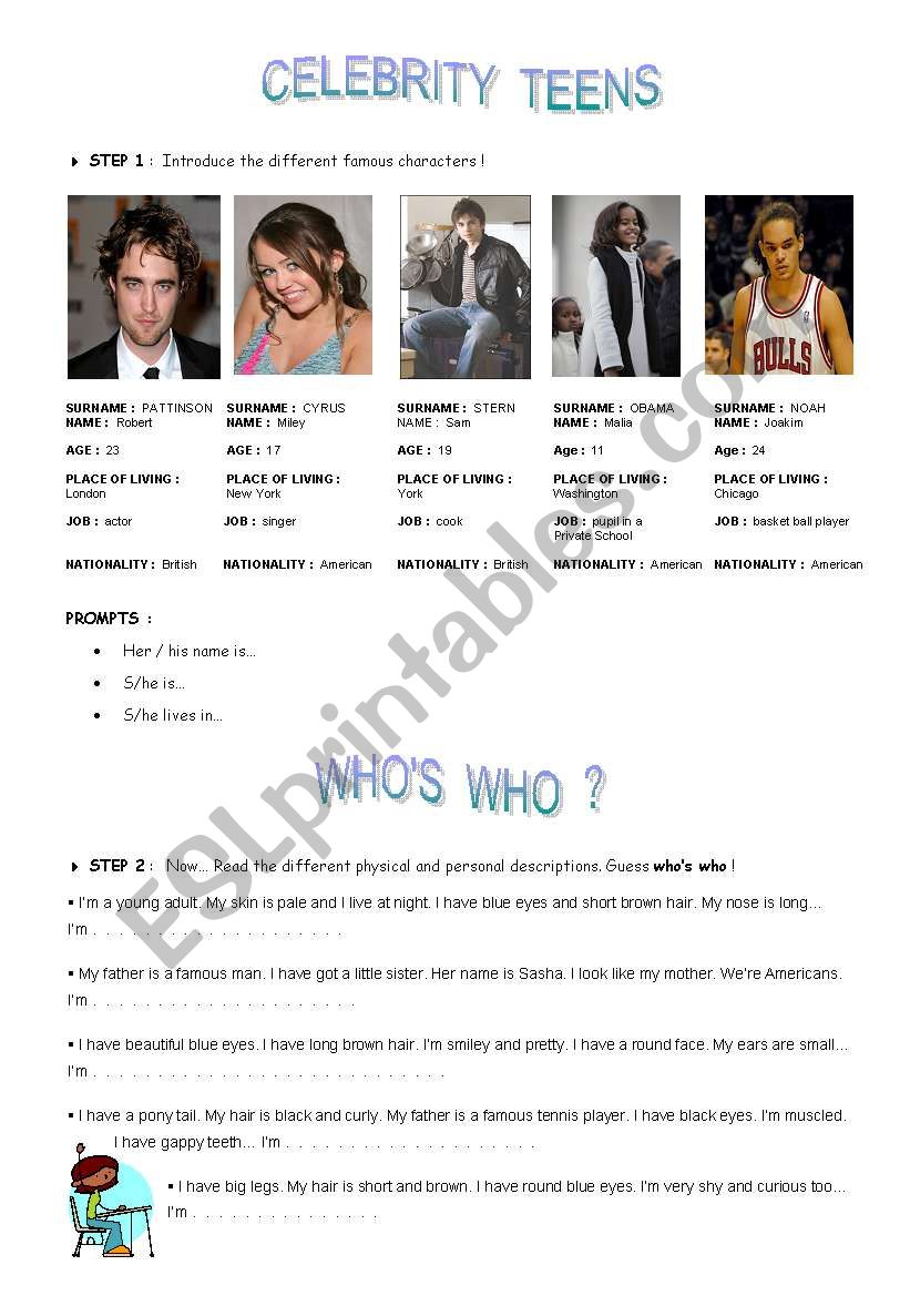 Celebrity teens : who´s who ?? - ESL worksheet by Krysstl