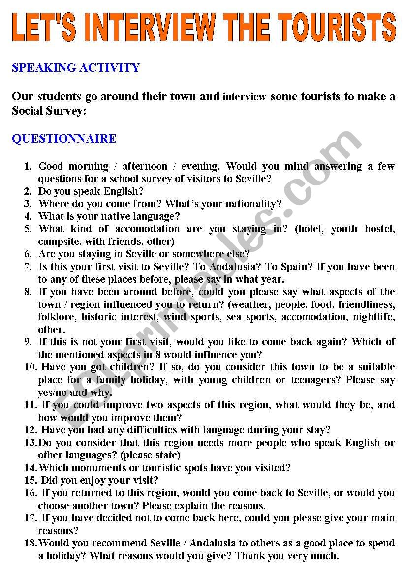 Let´s interview the tourists! - ESL worksheet by encarnara