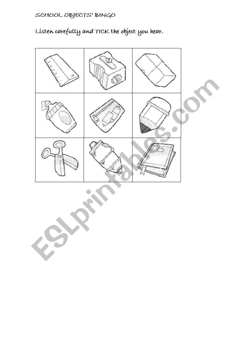 School ObjectÂ´s Bingo - ESL worksheet by nadiatac