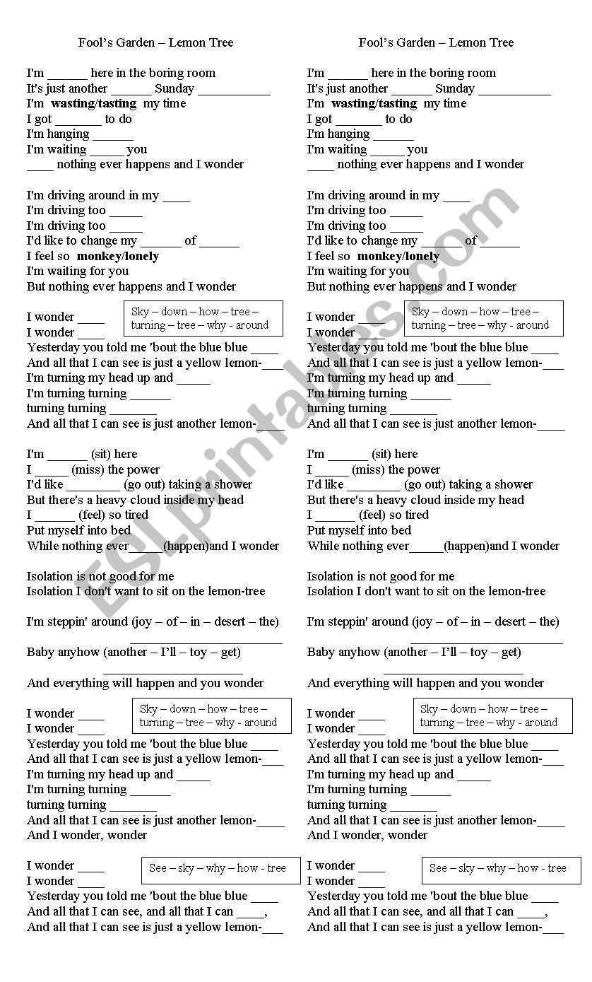Lemon Tree song by Fool´s Garden - ESL worksheet by pasqui
