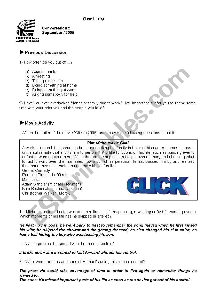 Movie-conversation class based on the trailer of the movie "Click ...