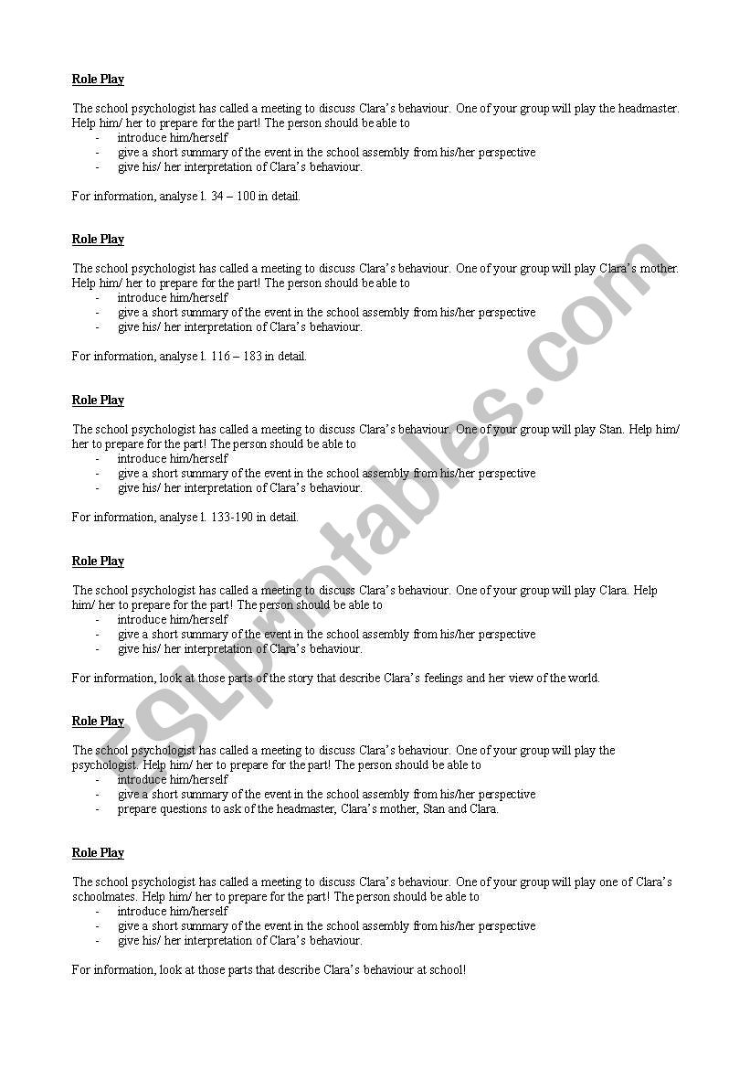 English worksheets: Role Play to the Short Story "Clara´s Day"