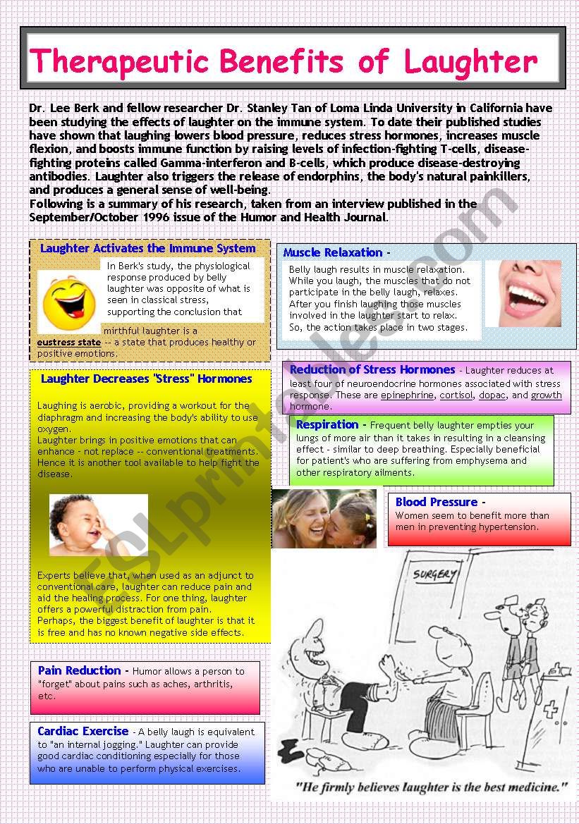 8 Benefits Of Laughter Esl Worksheet By Entzu