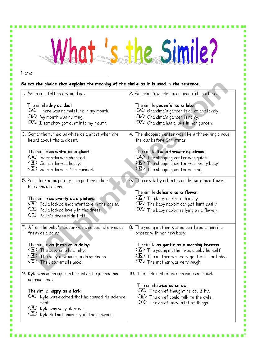 What´s the Simile? #1 - ESL worksheet by dreidteacher