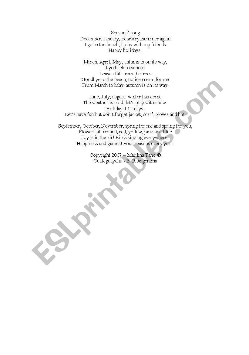 English worksheets: Season´s song