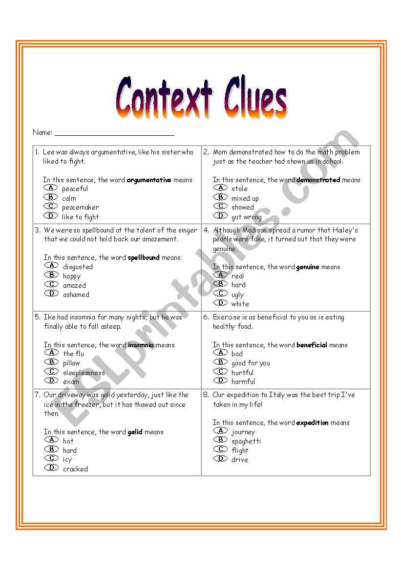 Context Clues Worksheet 3 ESL Worksheet By Dreidteacher