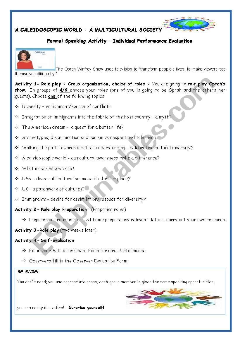 ROLE PLAY -MULTICULTURAL SOCIETY-OPRAH´S SHOW - ESL worksheet by teresapr