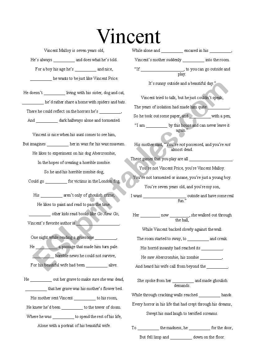 Tim Burton’s "Vincent" - ESL worksheet by dennypackard