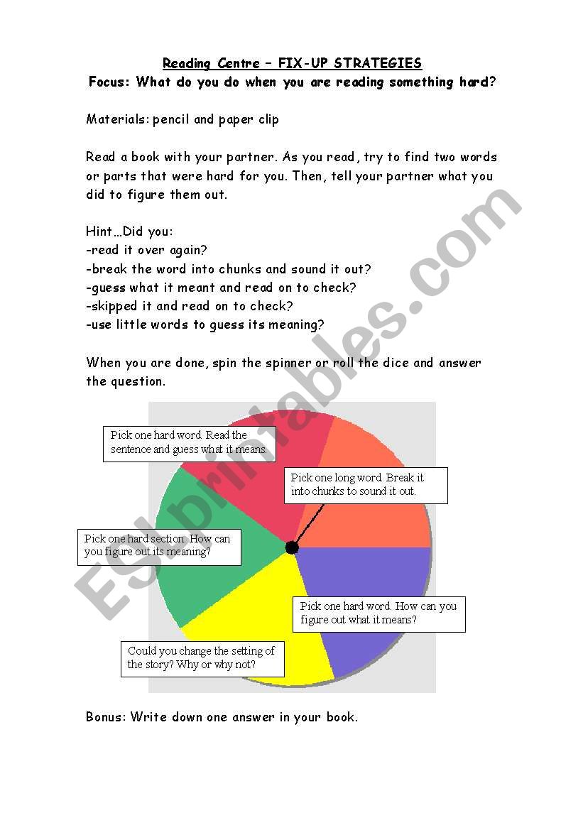 English worksheets: Reading Spinner - what do you do when you´re stuck???