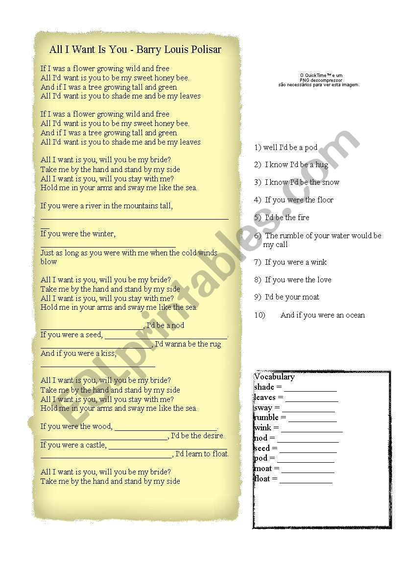 Second Conditional - Song: "All I Want is You˜ - ESL worksheet by ...