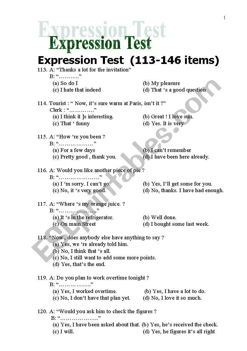 Expression Test (113-146 items) Dialogue Expression, various situation ...