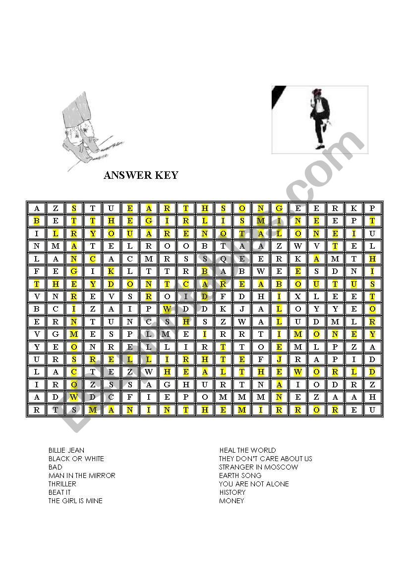 Michael Jackson Word Search Worksheet