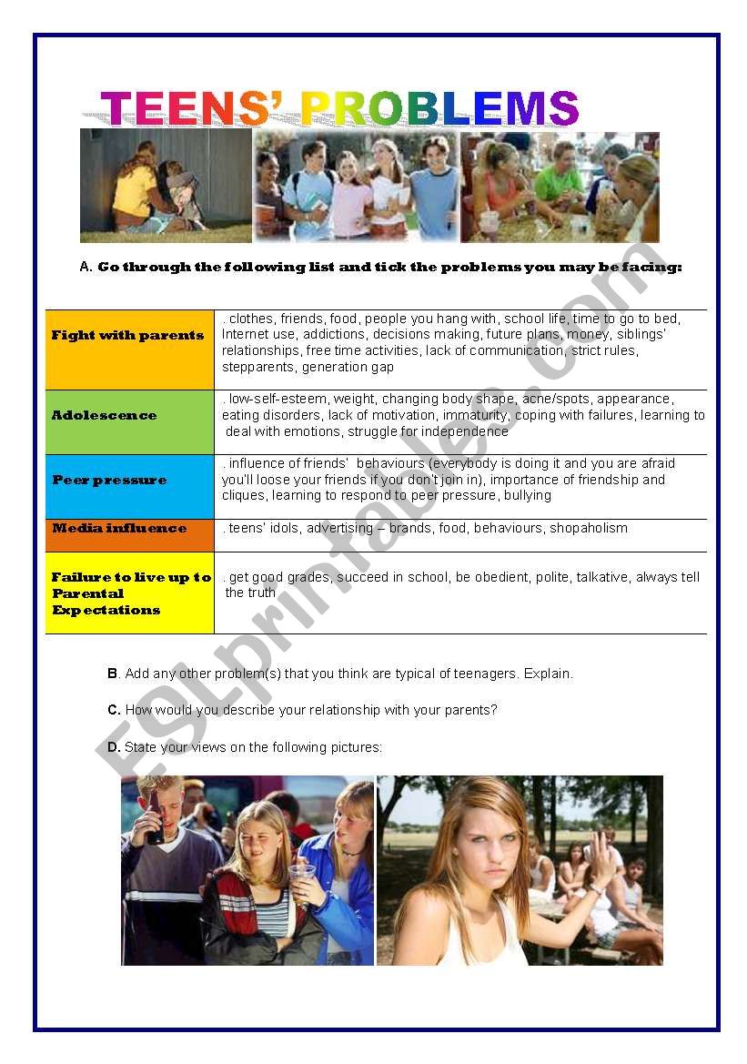 Conversation/Writing-TEENS´ WORLD /TEENS´ PROBLEMS - ESL worksheet by ...