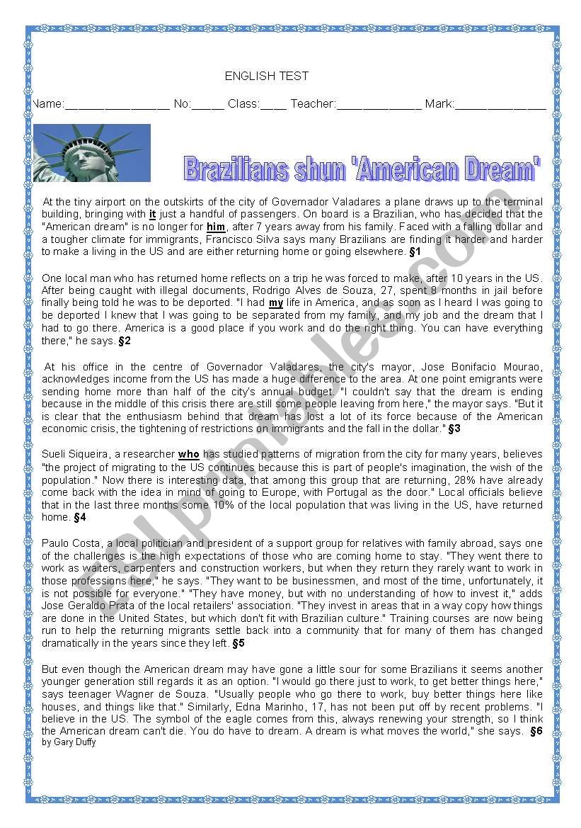 Test-IMMIGRANTS´ STORIES-Brazilians shun ´American Dream´ - ESL ...