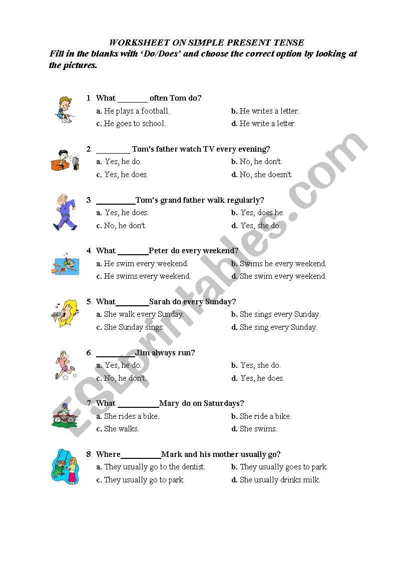 a test on Simple present tense - ESL worksheet by seldarkci