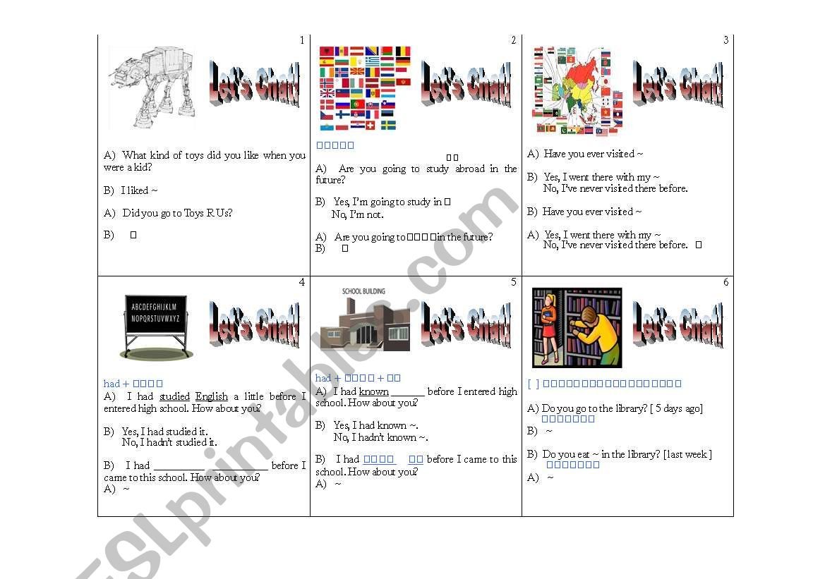 Let´s Chat ! Conversation cards 1-12 - ESL worksheet by ponyo90