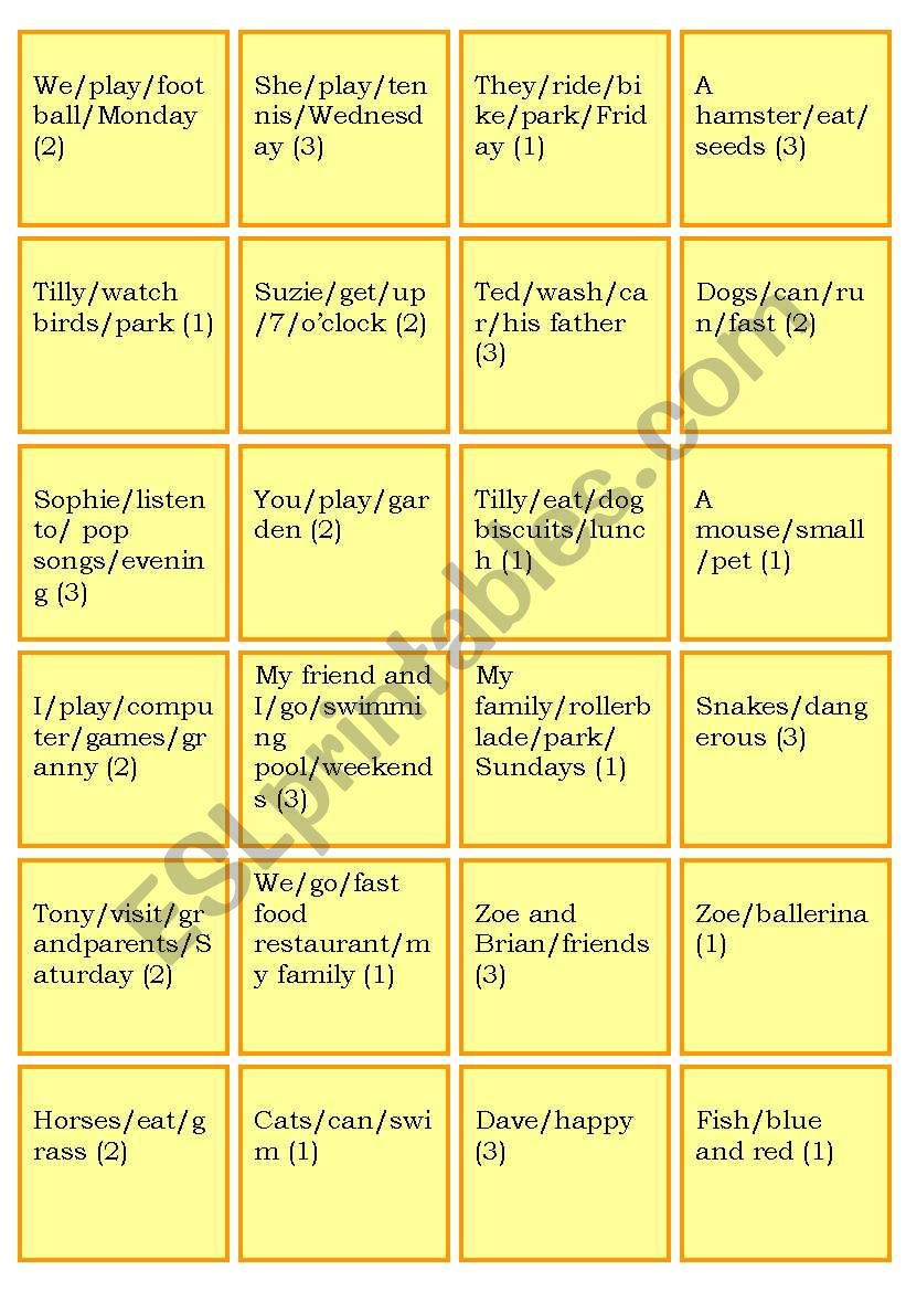 Sentence cards to the game ´Present Simple All forms´ - ESL worksheet ...