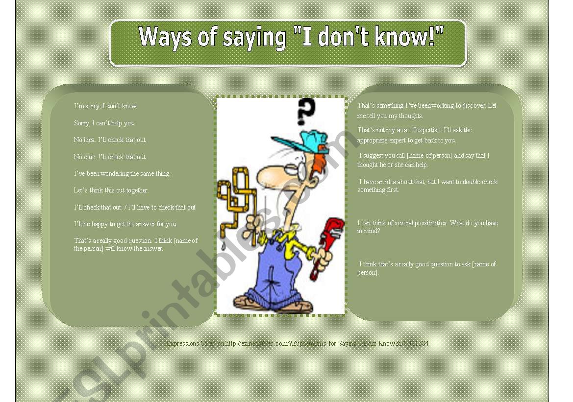 Ways of saying "I don´t know"! - ESL worksheet by Sulany