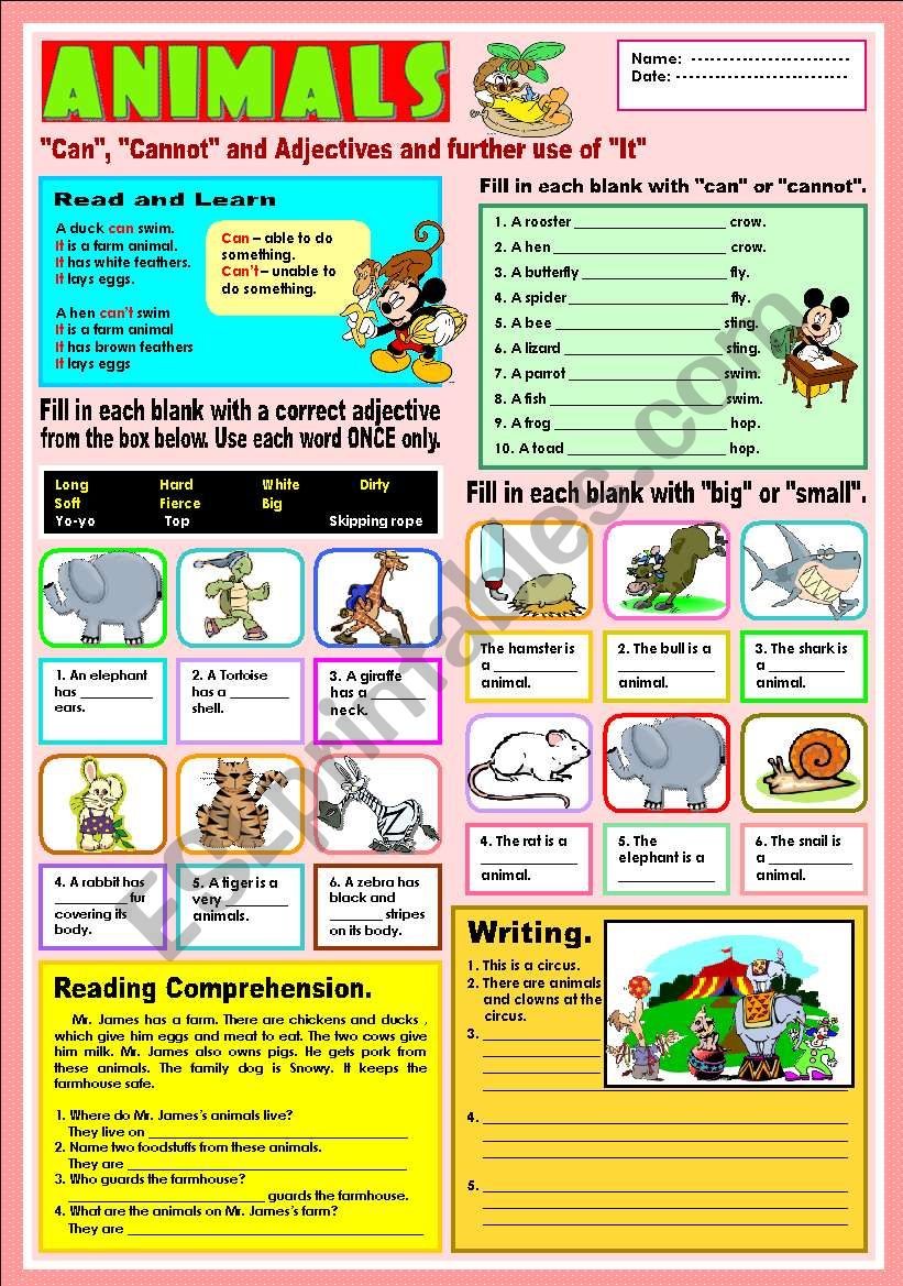 Animals - "can", "can´t" and Adjectives and further use of "It" - ESL ...